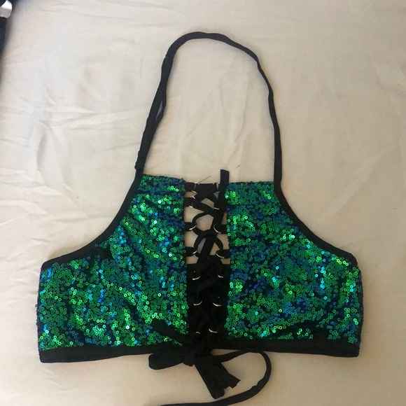 Tops | Rave Wonderland Green Sequin Halter Rave Two Piece Ml | Poshmark